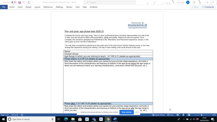 Pre- and post- age phase experience proforma