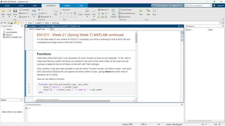 Week 21 (Spring Week 7) - MATLAB continued