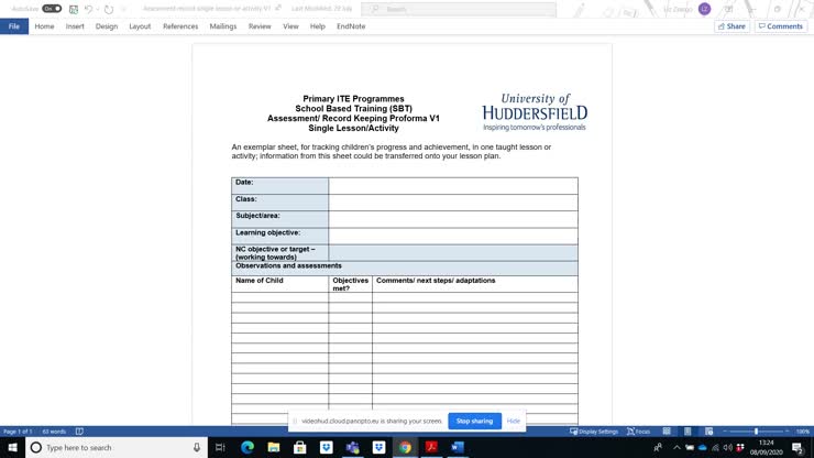 Recording of assessments - proformas