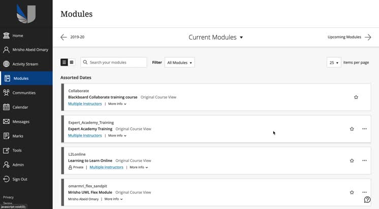 Searching for modules on Blackboard Ultra